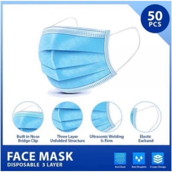 Jual Masker disposable 3 Ply (50 pcs) | Shopee Indonesia