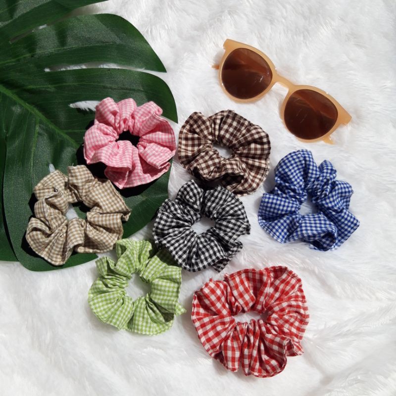 Jual souvenir Scrunchie korea ikat rambut mini murah motif kotak ...