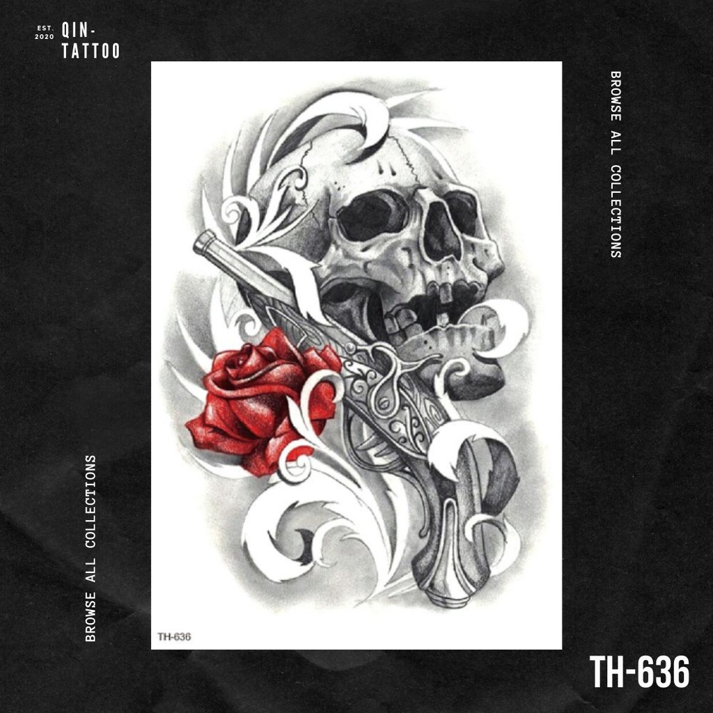 Jual Temporary Tattoo / Tato Temporer Skeleton Skull & Rose 21x15 cm TH ...