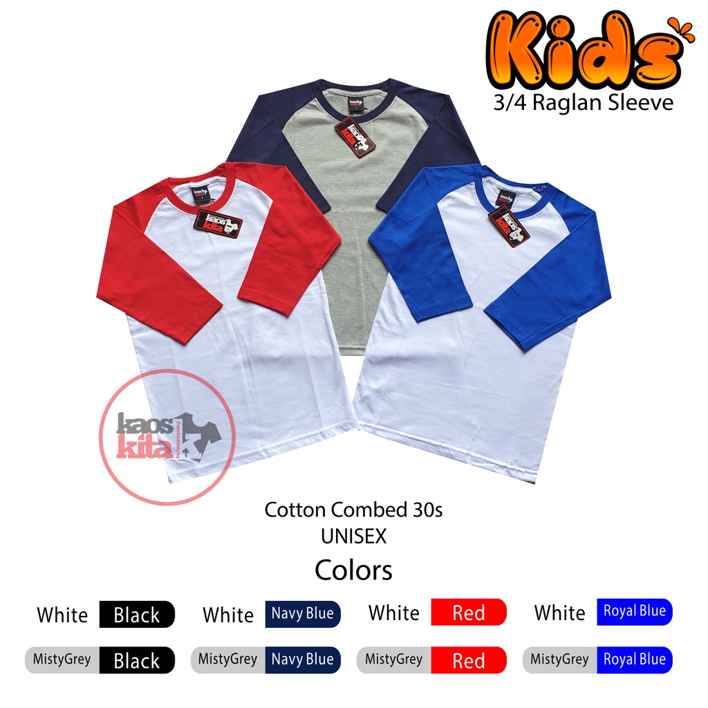 Jual REGLAN ANAK ANAK PREMIUM / LENGAN 3/4 / COMBED 30S DAN COMBED 28S ...