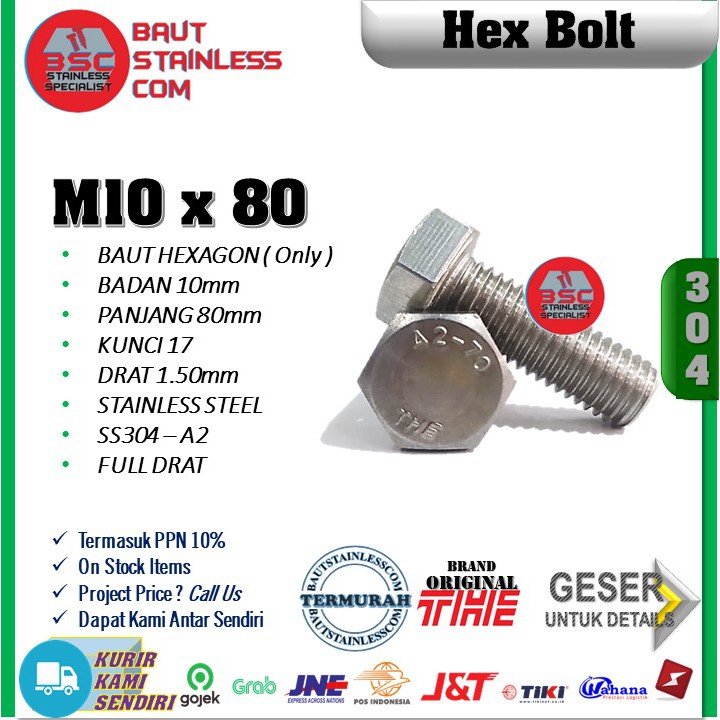 Jual HEX BOLT STAINLESS SS304 - A2 BAUT HEX M10X80 | Shopee Indonesia