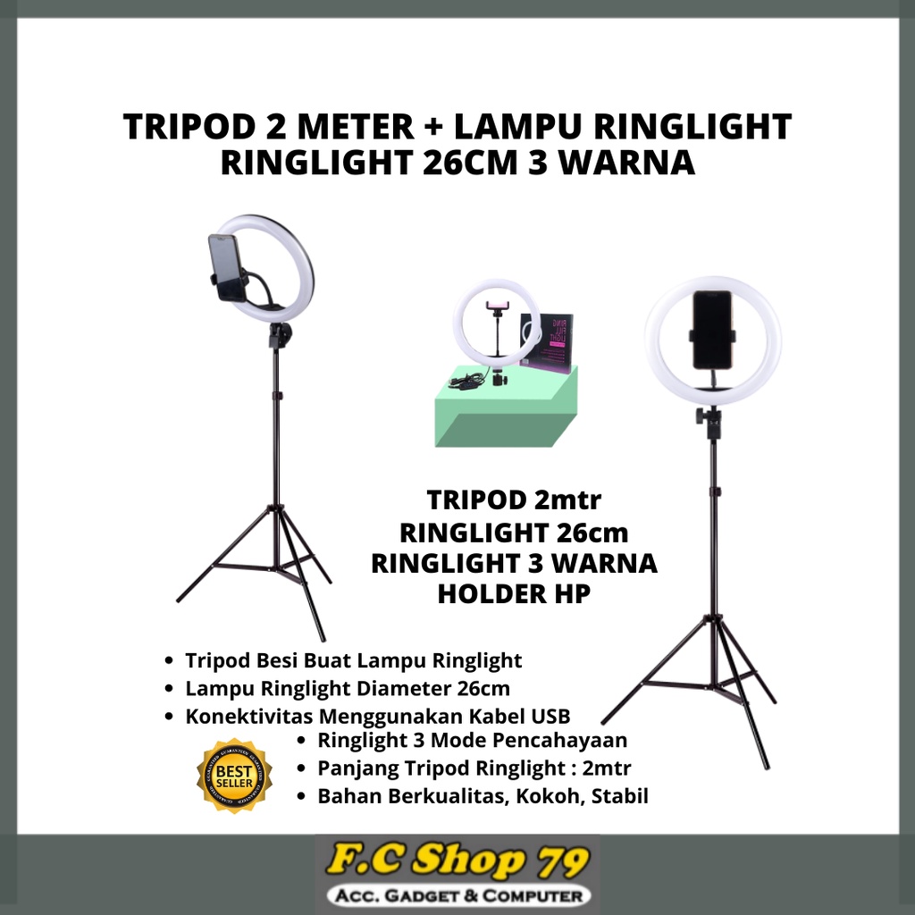 Jual TERMURAH Tripod HP Handphone 2mtr Lampu Ring Light Ringlight 26cm ...