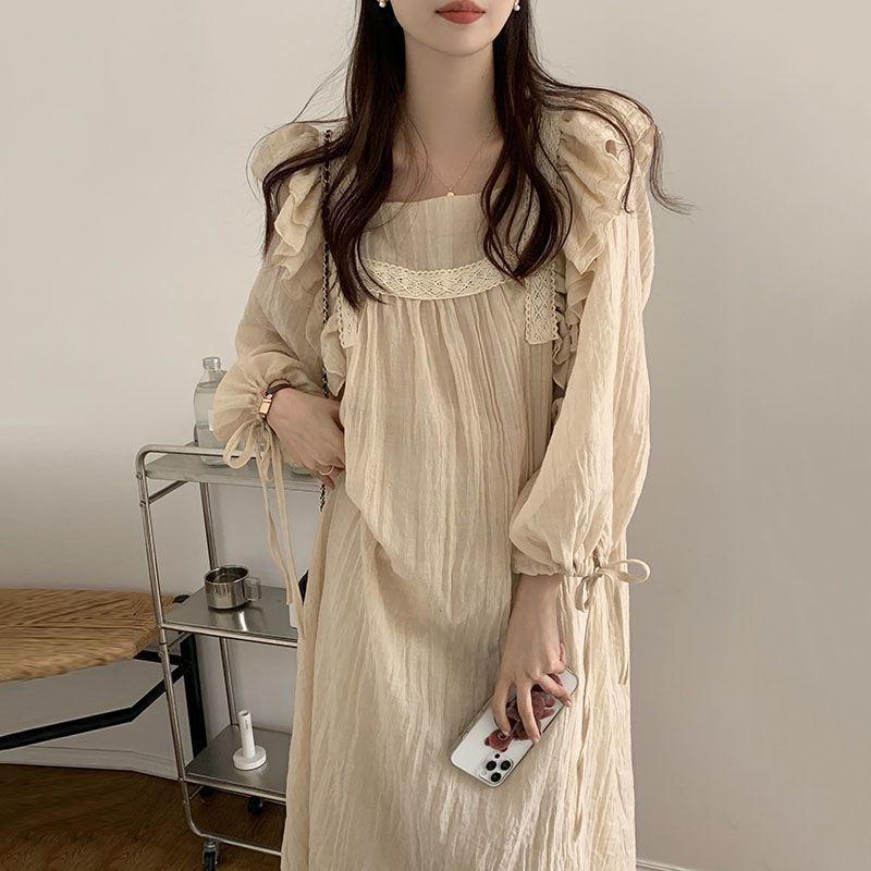 Jual Gaun tidur renda leher persegi Prancis wanita musim semi dan musim ...
