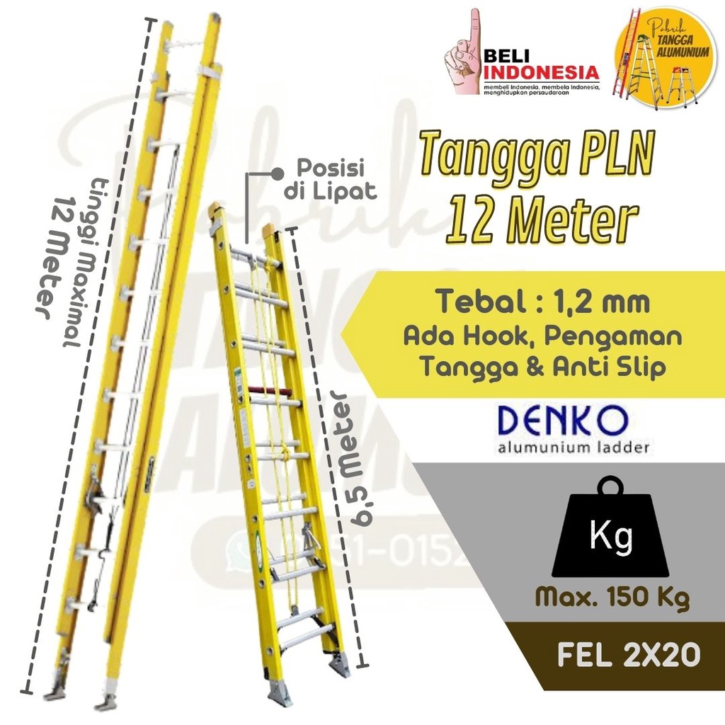 Jual Tangga PLN Fiberglass Extension Ladder Merk DENKO FEL 2X20 | 12 ...