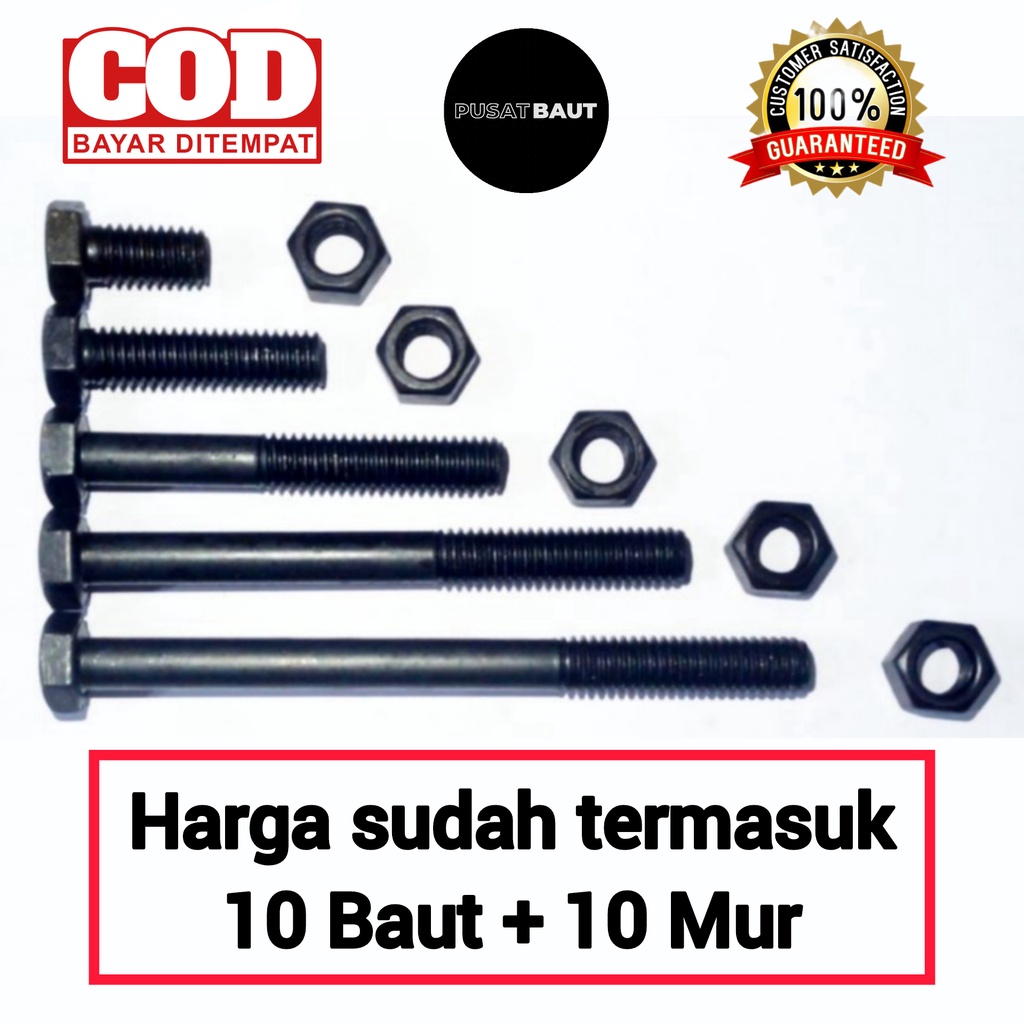 Jual [10 PCS] Baut Mur 1/4 x 1 Baut 10 Baut Kunci 10 Baut Inci Hex Besi ...