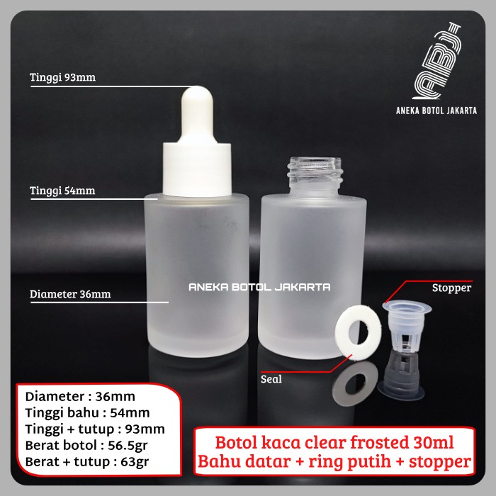 Jual Botol kaca serum clear frosted bahu datar 30ml pipet ring putih ...