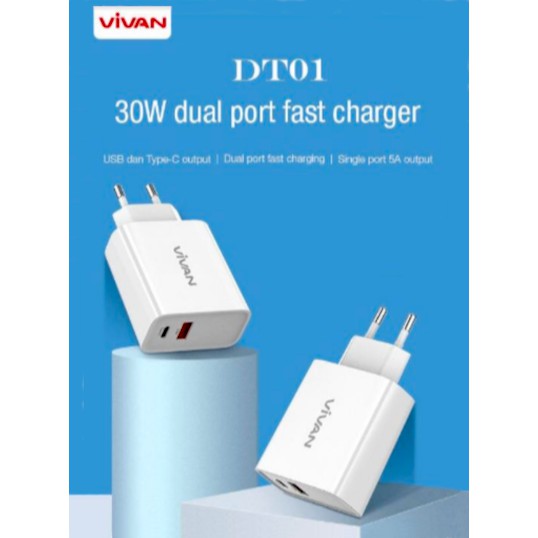 Jual Charger Fast Charging Vivan DT01 Adapter Fast Charger Dual Output 5A With USB Type-C ...