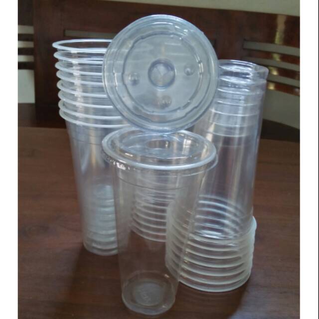 Jual Gelas Cup plastik tutup datar 18oz - 25 pcs | Shopee Indonesia