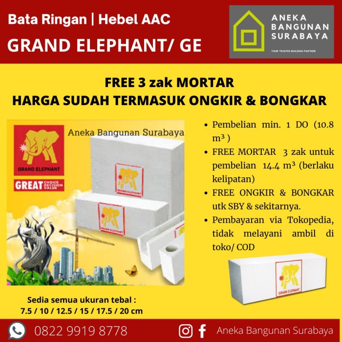 Jual GRAND ELEPHANT BATA RINGAN AAC GE (FREE MORTAR) HEBEL | Shopee ...