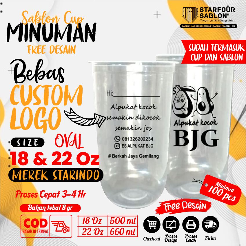 Jual Sablon Gelas Cup Plastik Oval Ukuran 18 Oz - 22 Oz Merek Starindo ...