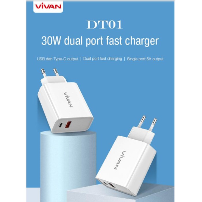 Jual Vivan DT01 Dual Ouput 5A Fast Charger with Type-C & USB White ...