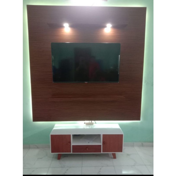 Jual backdrop tv minimalis dengan lampu LED bahan HPL anti jamur / rak ...