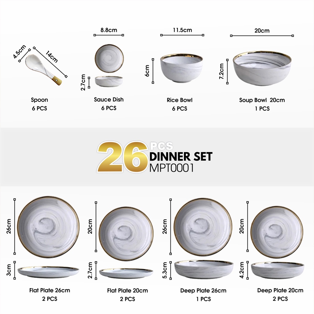 Jual ASHOME Piring Set 6 Orang Keramik List Gold Elegan Lengkap 26 Pcs ...