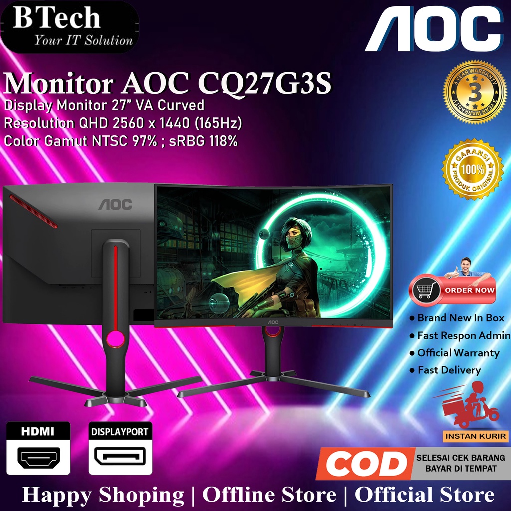 Jual Monitor AOC CQ27G3S Curved Gaming Monitor (27"/VA/1ms/165Hz/QHD ...