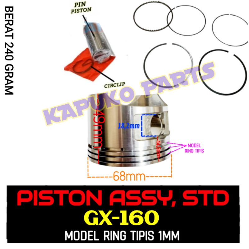 Jual GX 160 PISTON ASSY MODEL RING TIPIS STD 68MM UNTUK MESIN PENGGERAK HONDA | Shopee Indonesia