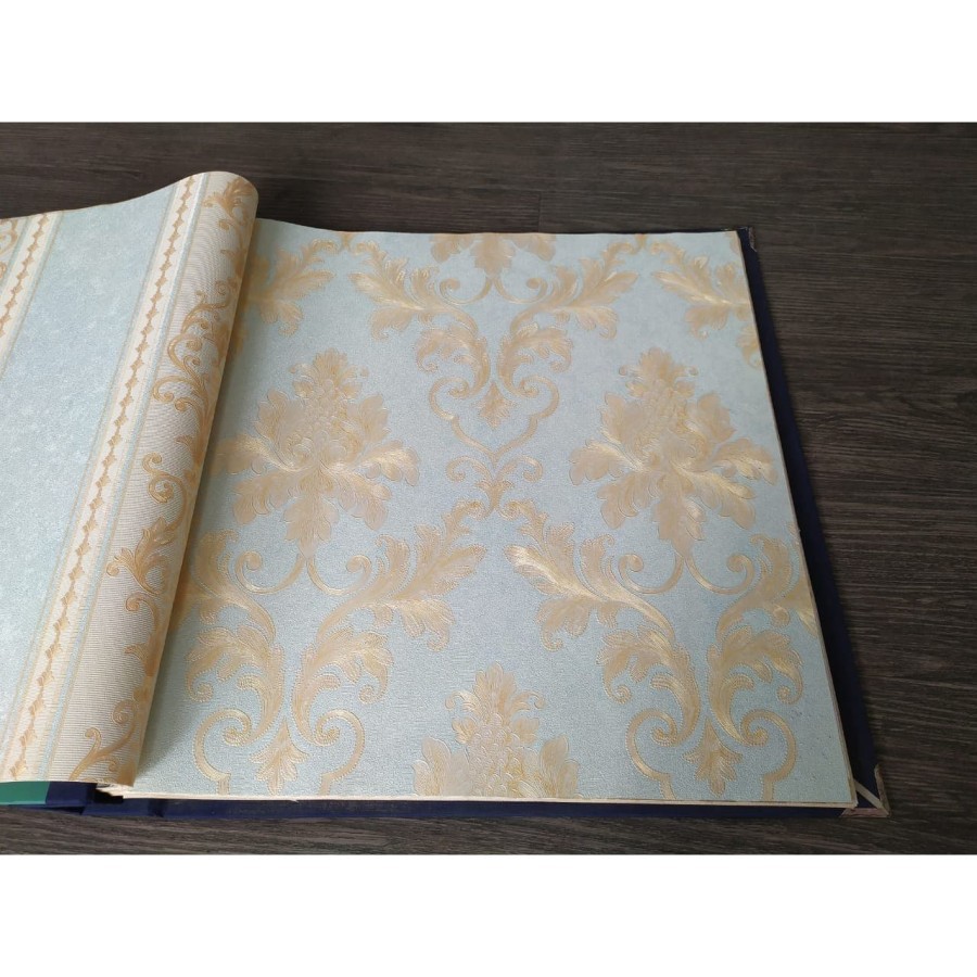 Jual Wallpaper Dinding Premium Batik Vinyl Damask Klasik Biru Muda Motif Gold Timbul Bertekstur ...