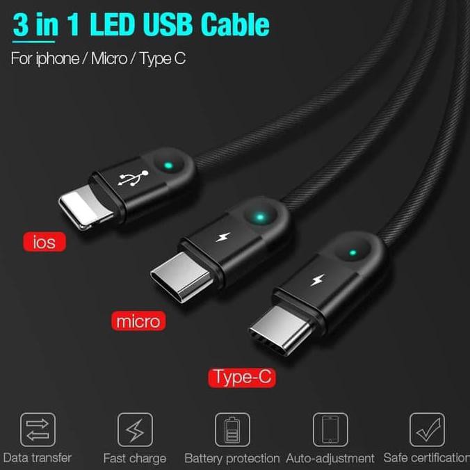 Jual Cafele Kabel 3 In 1 Fast Charger Dan Data Lightning Type C Micro Usb - | Shopee Indonesia