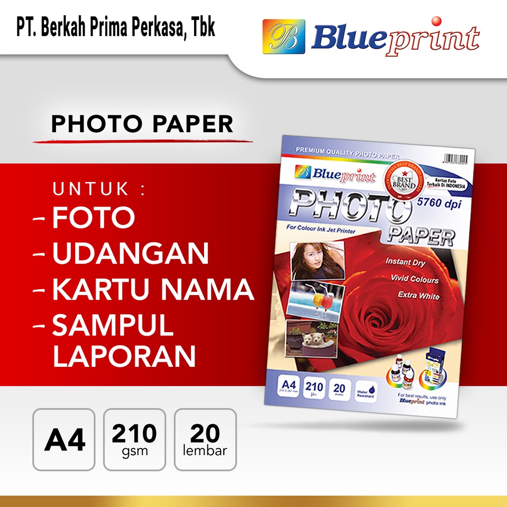 Jual Kertas Foto A4 BLUEPRINT Glossy Photo Paper 210 Micron A4 - 20 ...