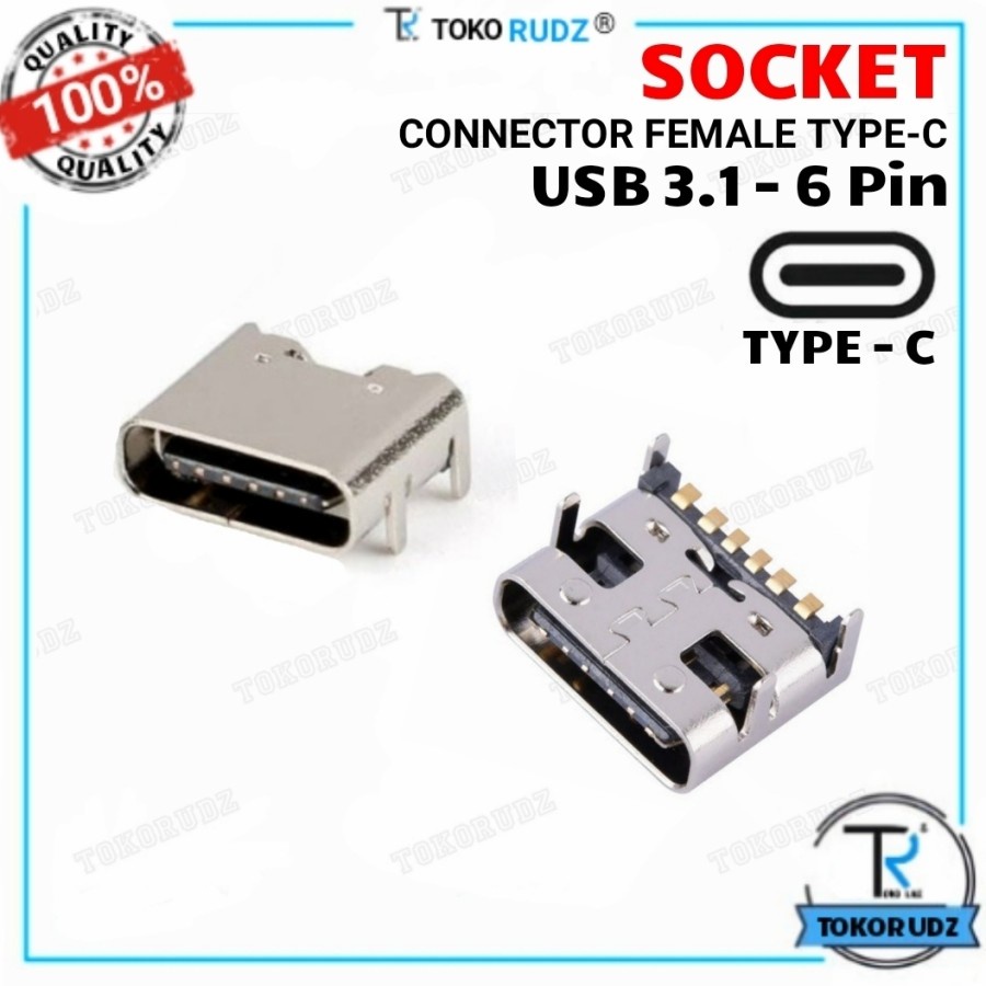 Jual Konektor Port USB Type C 3.1 Soket Tipe Female Socket 6 Pin PCB ...