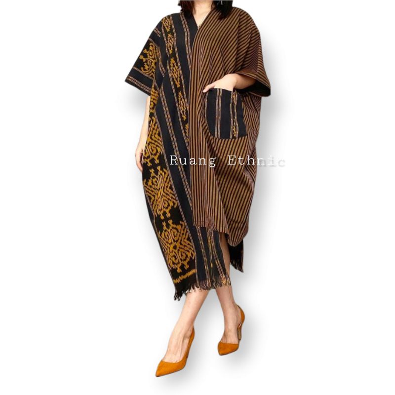 Jual kebaya wanita kaftan tenun etnik - dress tenun troso kombinasi lurik-baju tenun wanita ...
