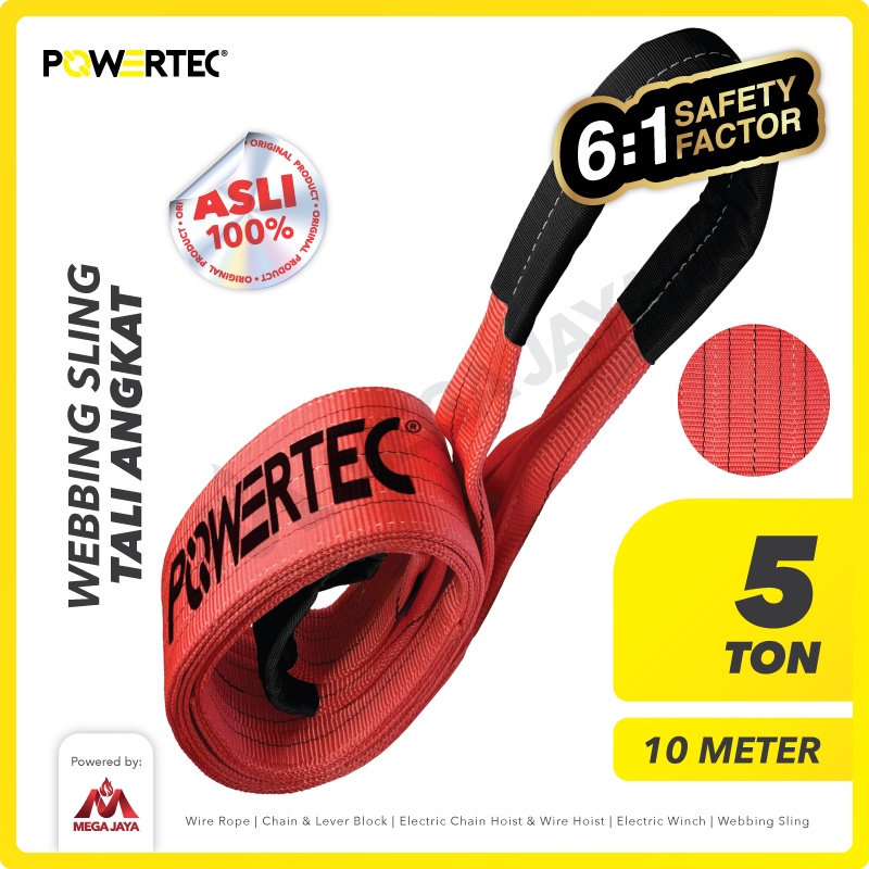 Jual POWERTEC Webbing Sling Belt / Tali Angkat 5 Ton x 10 Meter Double ...