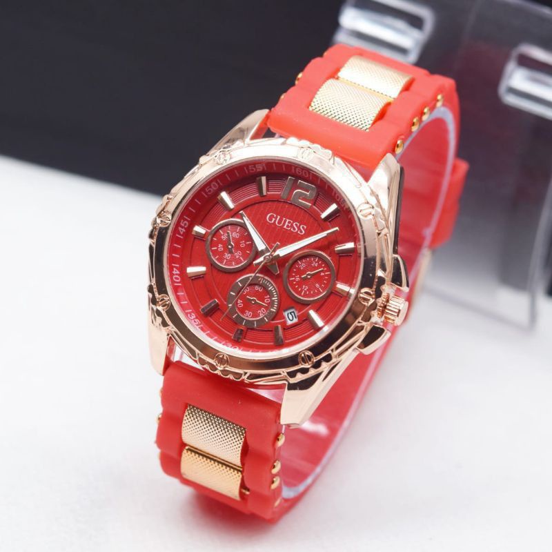 Jual Jam Tangan Wanita Fashion Guess Crono Variasi Tannggal Aktif Strap ...