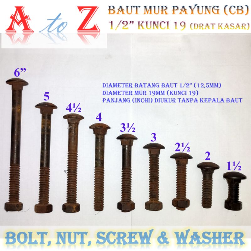 Jual baut mur payung 1/2 x 2" cb/bmcb 1/2 x 2 in/cb baut toko 1/2 x 5,1 ...