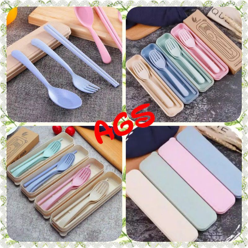 Jual Set sendok garpu sumpit + kotak bahan jerami/Set 3in1/Sendok ...