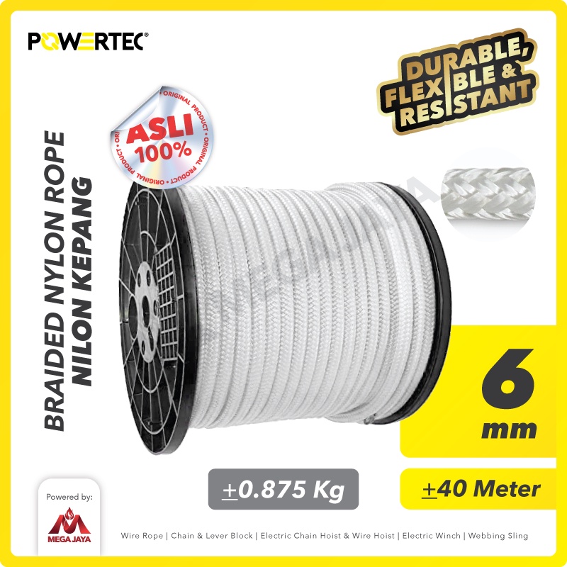 Jual POWERTEC Tali Nilon Kepang 6mm x 40m Braided Nylon Rope | Shopee ...
