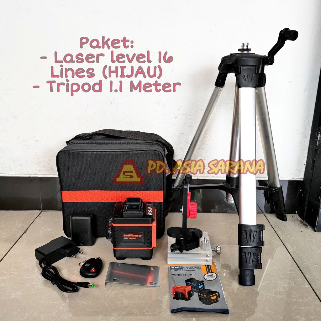 Jual PAKET Meteran Cross Laser Level 16 Lines 4D Hijau Remote + Tripod ...