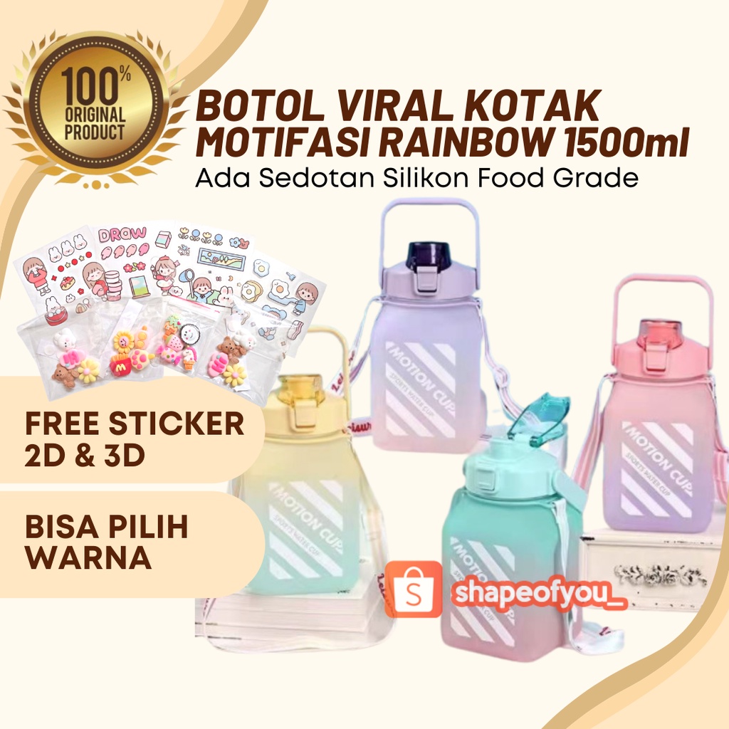 Jual Botol Minum Viral Rainbow Sticker 2D 3D 1,5 Lt Gradasi Kotak BPA ...