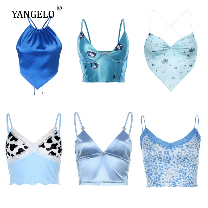 Jual 90s Blue Halter Top Y2K Aesthetic Summer Sleeveless Cropped Sexy ...