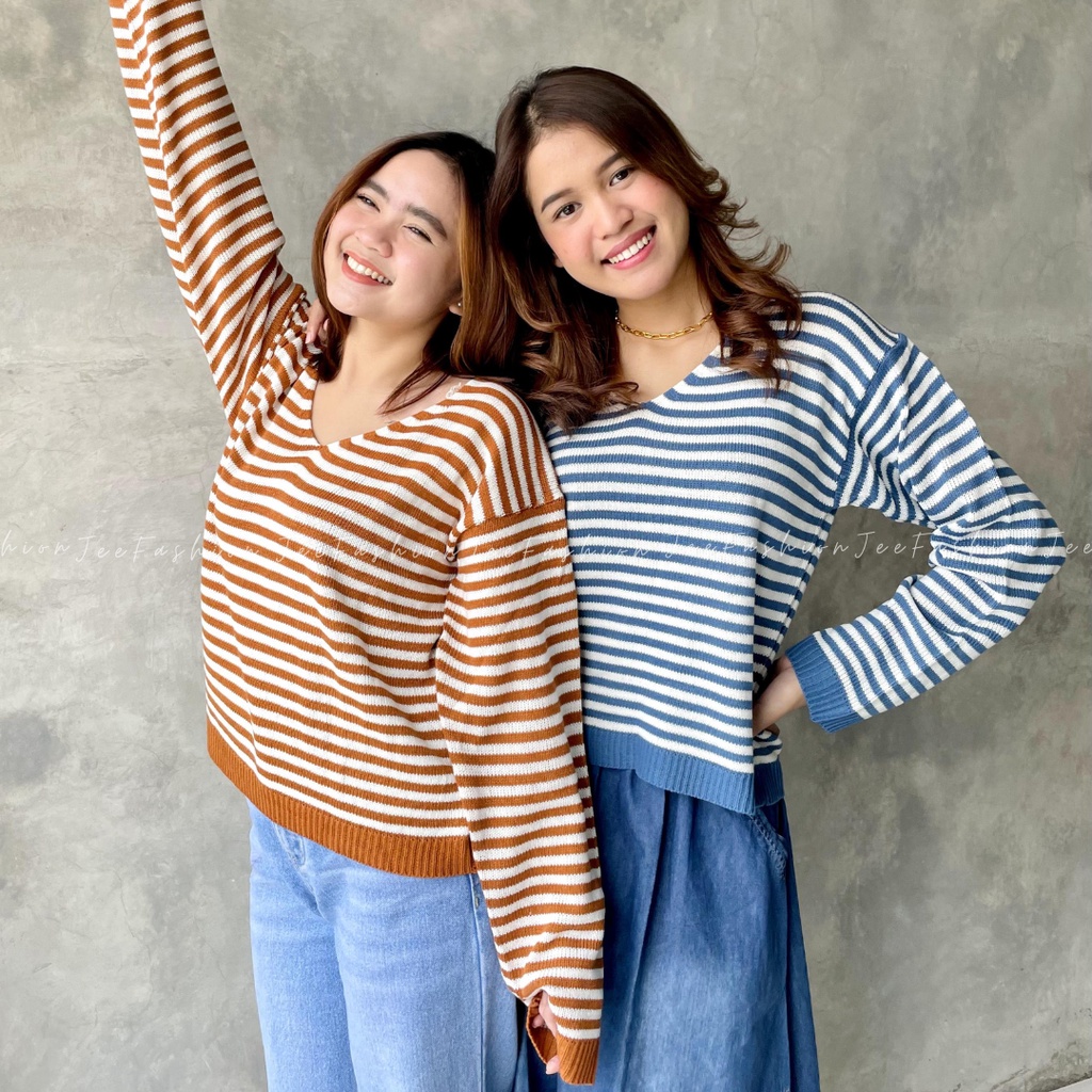 Jual COD Sweater Rajut Crop Pendek Motif Garis Strippy Blaster / Baju ...