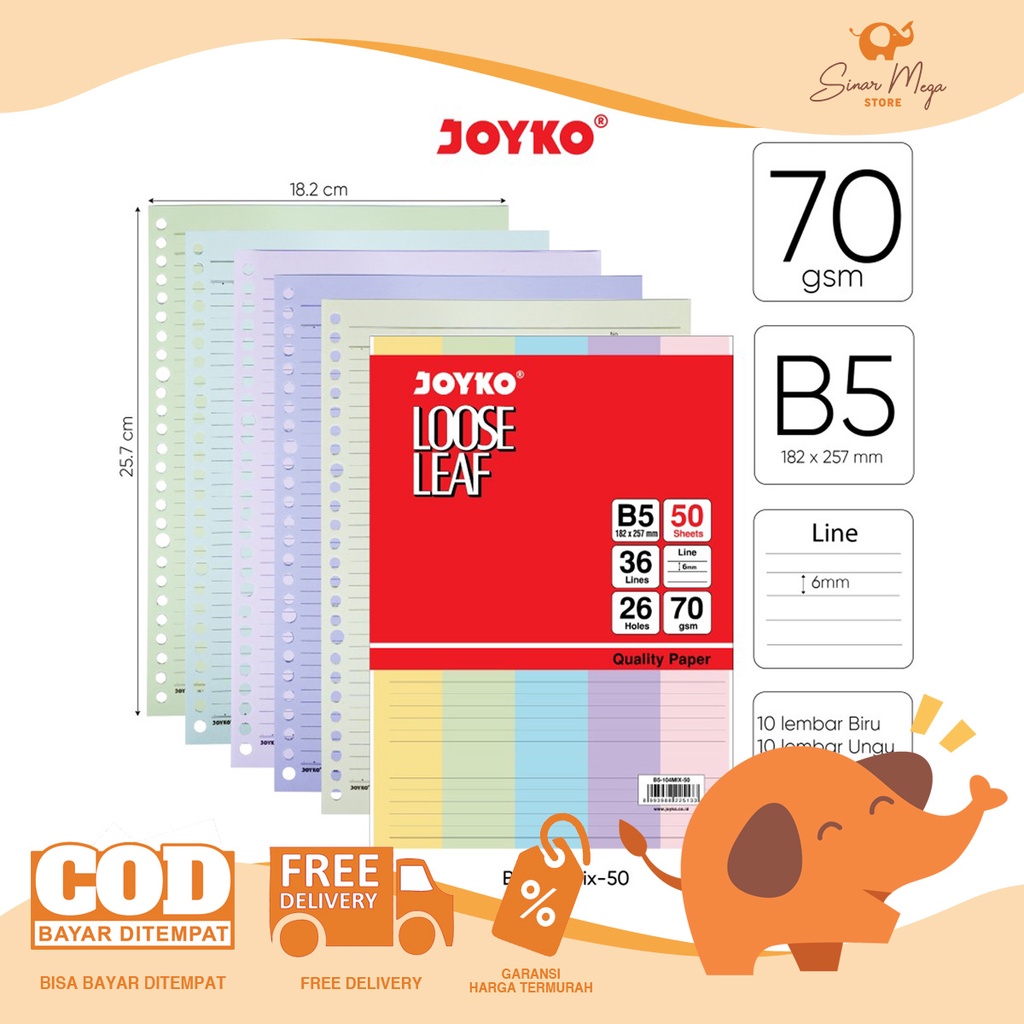 Jual Joyko Loose Leaf B5-104 MIX- 50 Sheets / Isi Kertas File Binder Warna Joyko | Shopee Indonesia