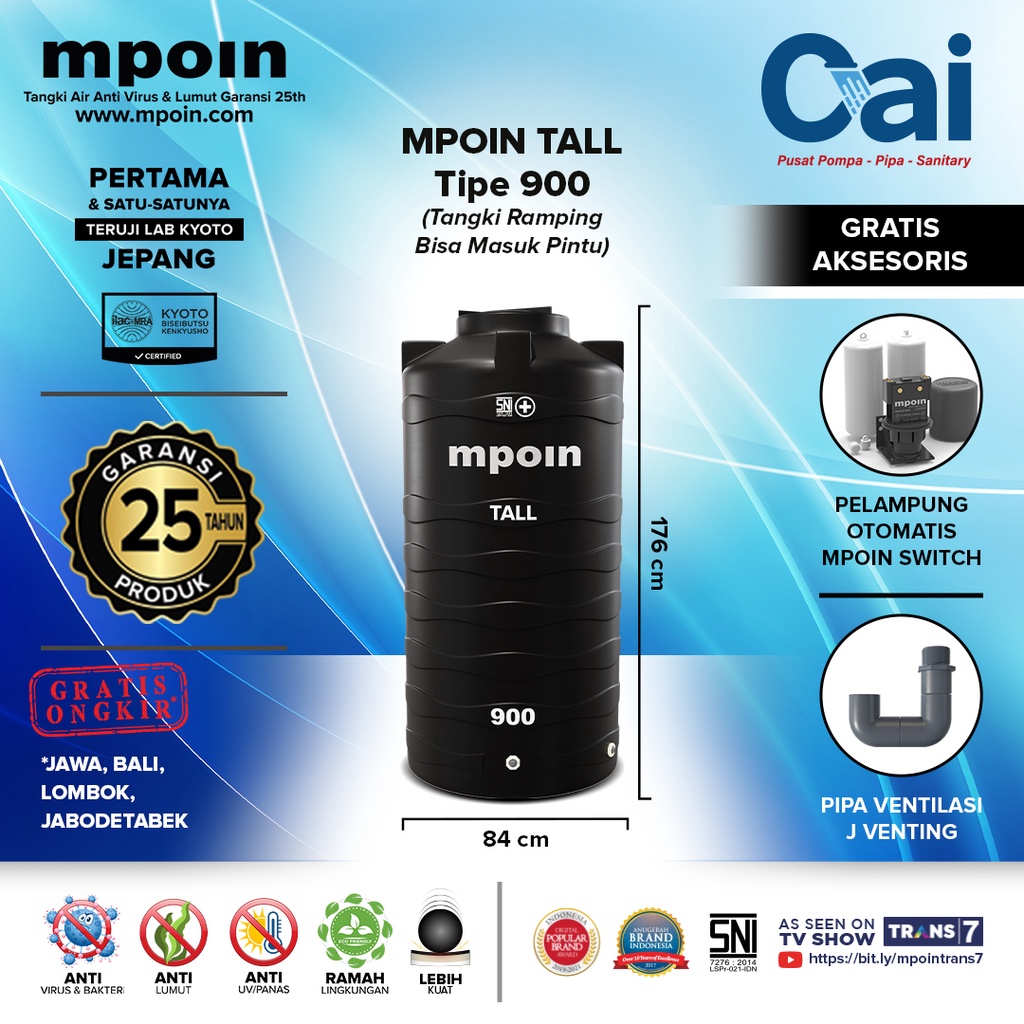 Jual TOREN TANGKI AIR - MPOIN TW900 900L - TALL WAVE SERIES WATER TANK ...