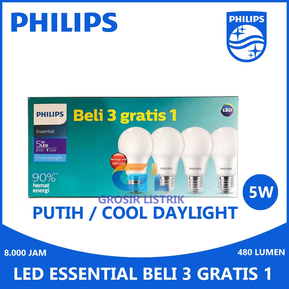 Jual Lampu Philips LED Essential Multipack 5W Putih (Paket 5 W Watt ...