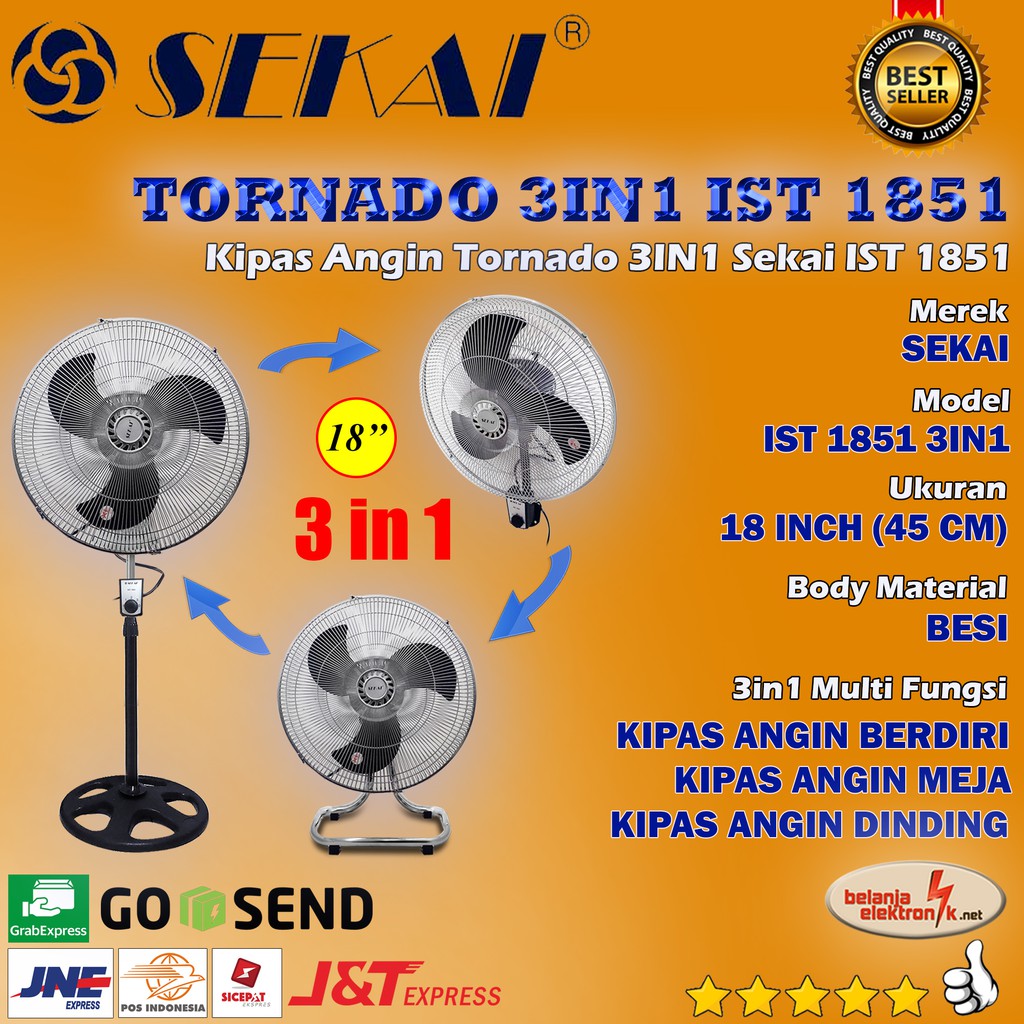 Jual KIPAS ANGIN SEKAI IST 1851 3 IN1 TORNADO STAND WALL FLOOR FAN (KHUSUS GOJEK) | Shopee Indonesia