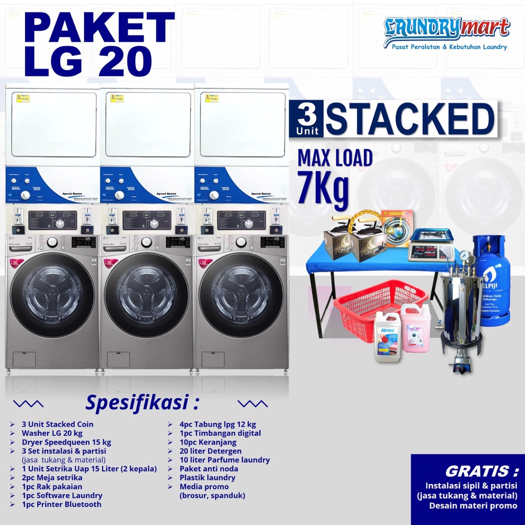 Jual PAKET LAUNDRY COIN 3 STACKED WASHER LG 20KG - DRYER SPEEDQUEEN 15KG | Shopee Indonesia