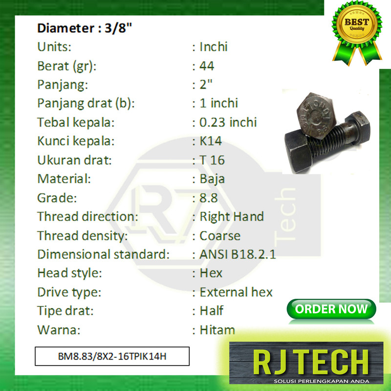 Jual BAUT MUR HTB 8.8 3/8X2 16TPI K14 HALF DRAT - HEX BOLT NUT 8.8 | Shopee Indonesia