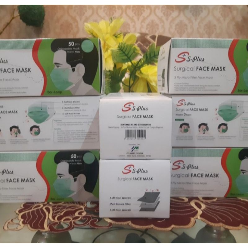 Jual Surgical Mask / Masker Medis Earloop S-Plus 3ply isi 50 pcs/box ...