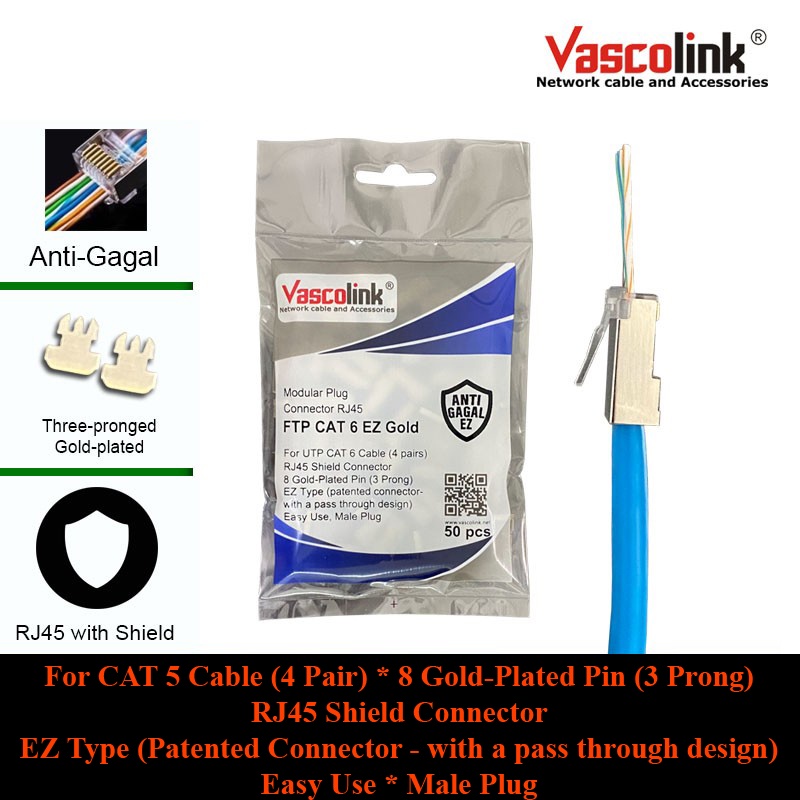 Jual Vascolink RJ45 Connector FTP Cat 6 EZ Gold pin Isi 50pcs | Shopee ...