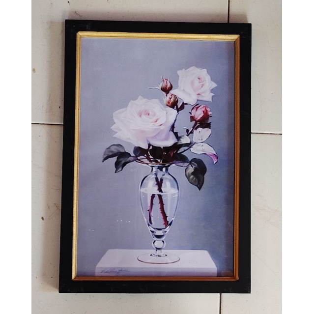 Jual Hiasan dinding poster bunga mawar putih plus bingkai ukuran 53x35 ...