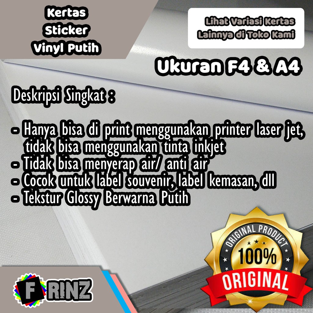 Jual Kertas Sticker Vinyl Putih Glossy F4 A4 / Stiker Vinil Plastik ...