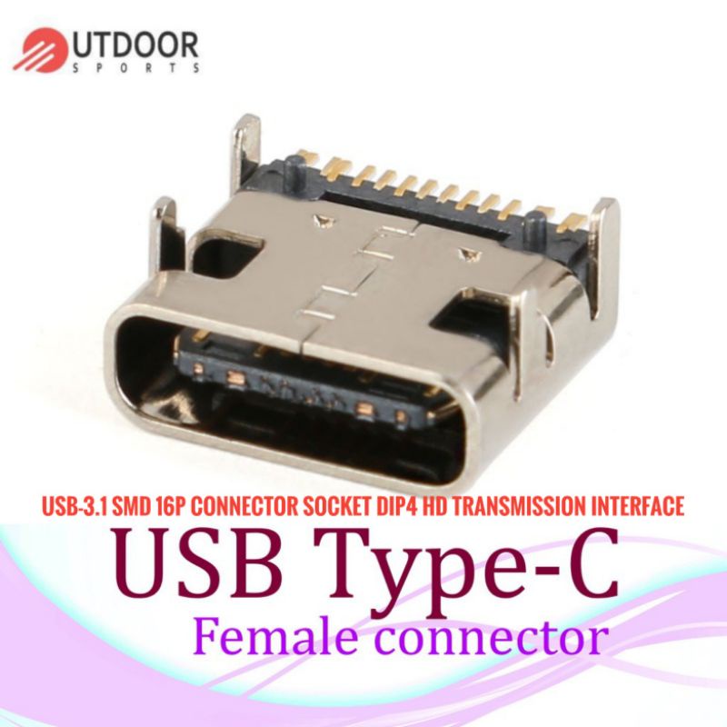 Jual Soket USB Type C 16 Pin USB-C Connector USB-3.1 SMD 16P Female ...