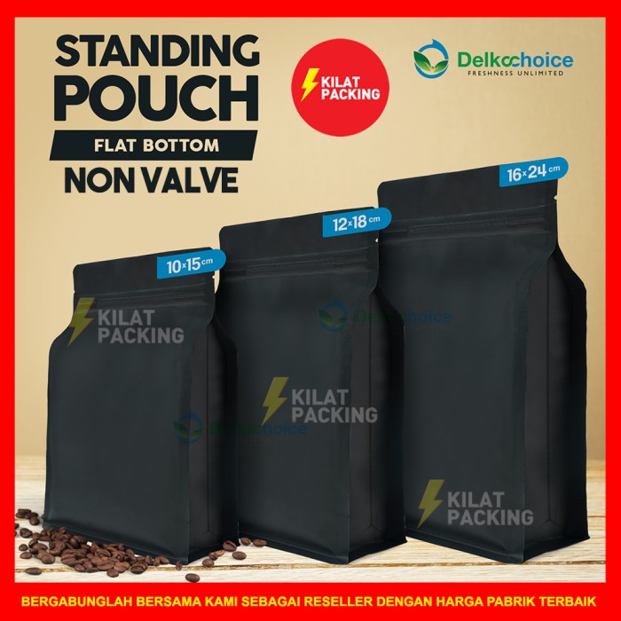 Jual NEW STANDING POUCH KEMASAN FLAT BOTTOM HITAM PREMIUM TERMURAH ...
