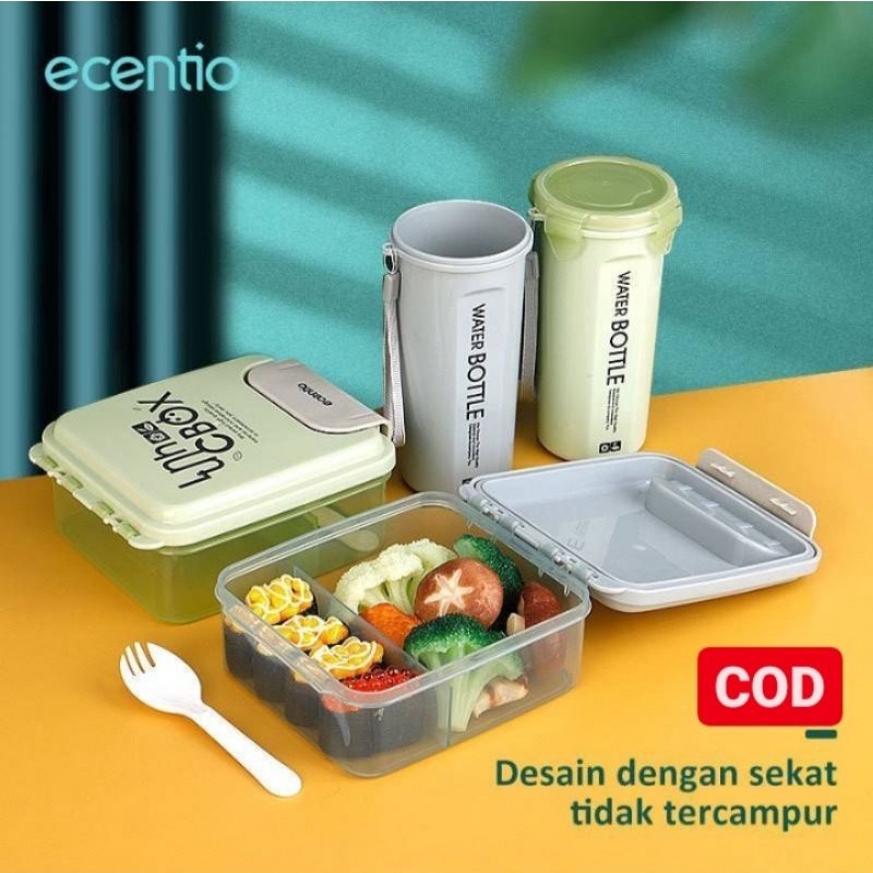 Jual Ecentio Tempat Makan Kotak Bekal Anti Tumpah Lunch Box Set 2 Grid 1000ml + Garpu Dan Botol ...