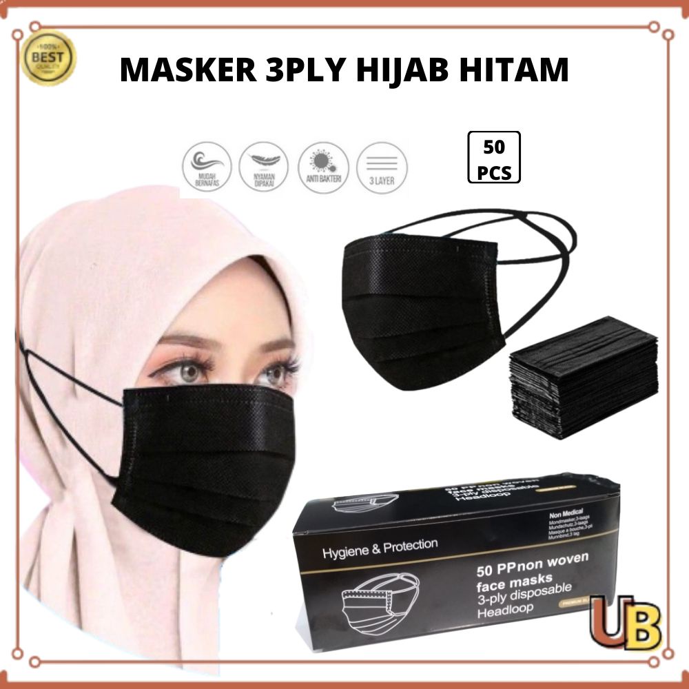 Jual Masker Hijab Hitam 3Ply Headloop Black isi 50 Pcs Box UDB | Shopee ...