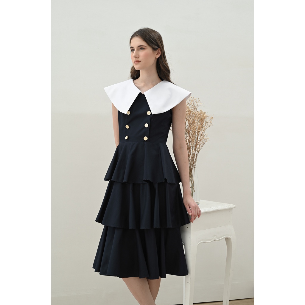 Jual BEMOON CLAIRE midi dress | with 3 tier ruffle skirt | gaun navy ...