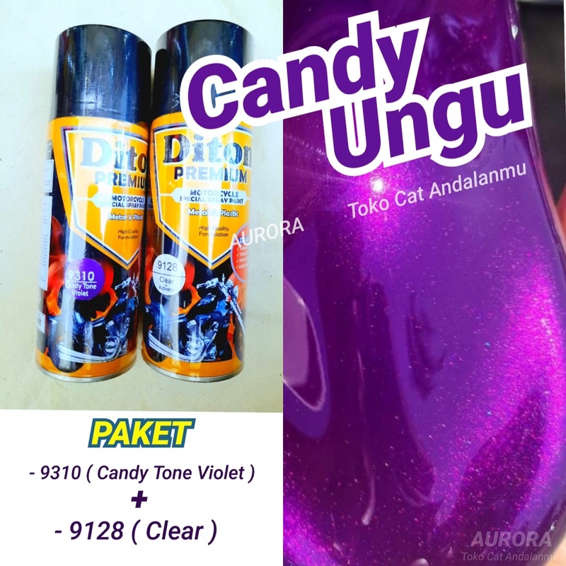 Jual PAKET Diton Premium Candy Tone Violet 9310 Ungu Candytone + Clear Gloss 9128 Cat Pilok ...