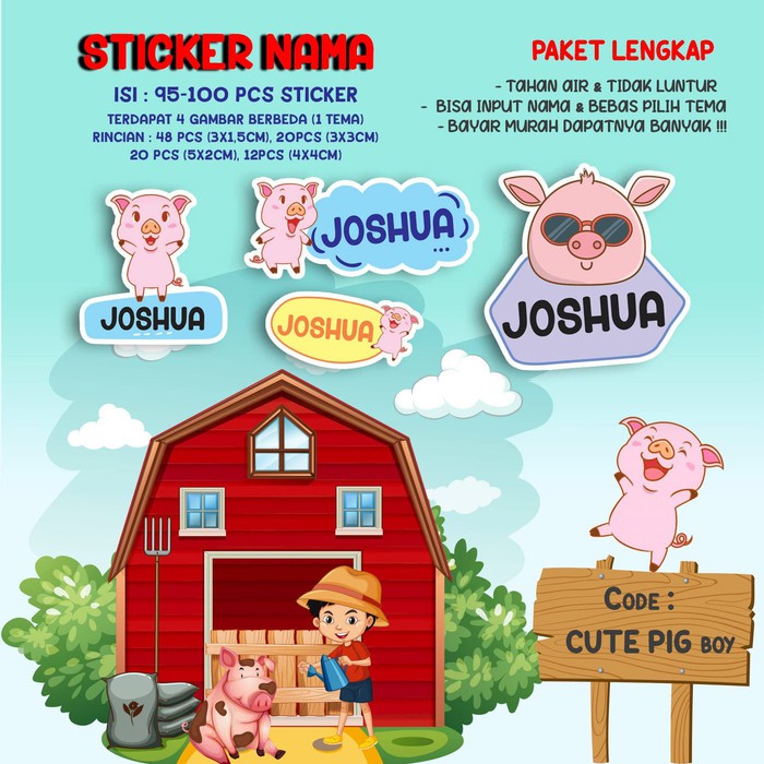Jual Sticker / Stiker Label Nama Karakter Tema PIGGY BOY / BABI /PIG ...